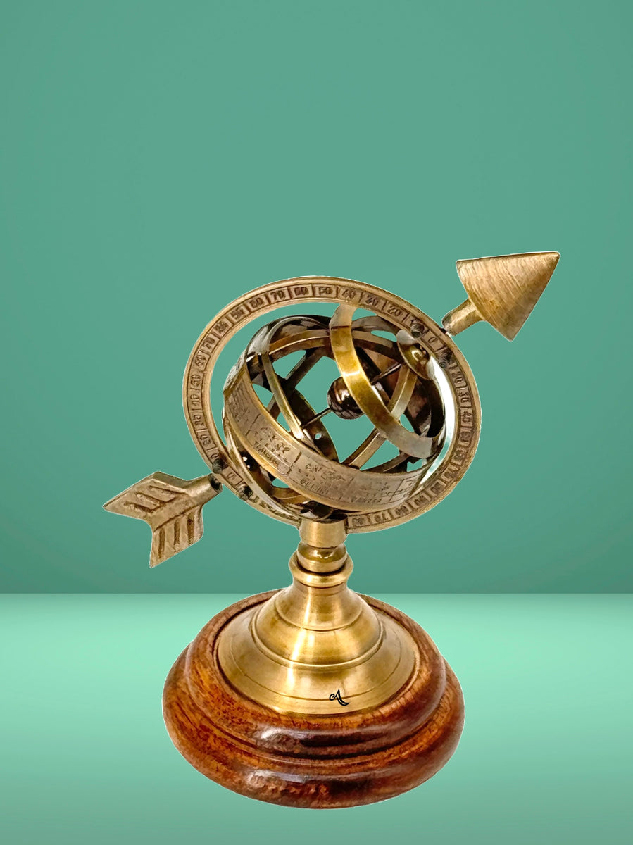 Brass Armillary Sphere Astrolabe with Wooden Base – Antique Nautical ...