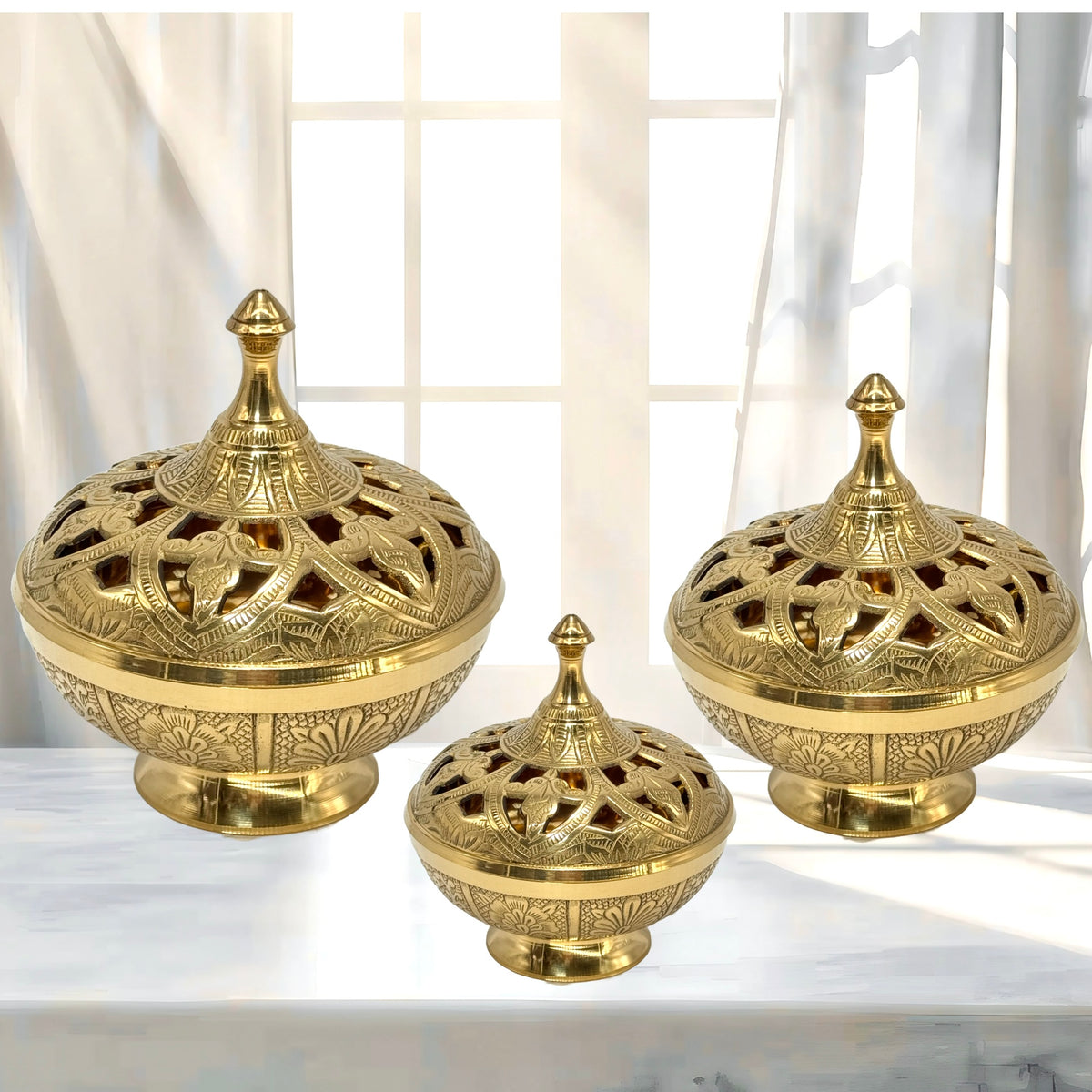 Brass Embossed Bowl with Lid – Cutwork Design & Gold Finish | Luxury ...