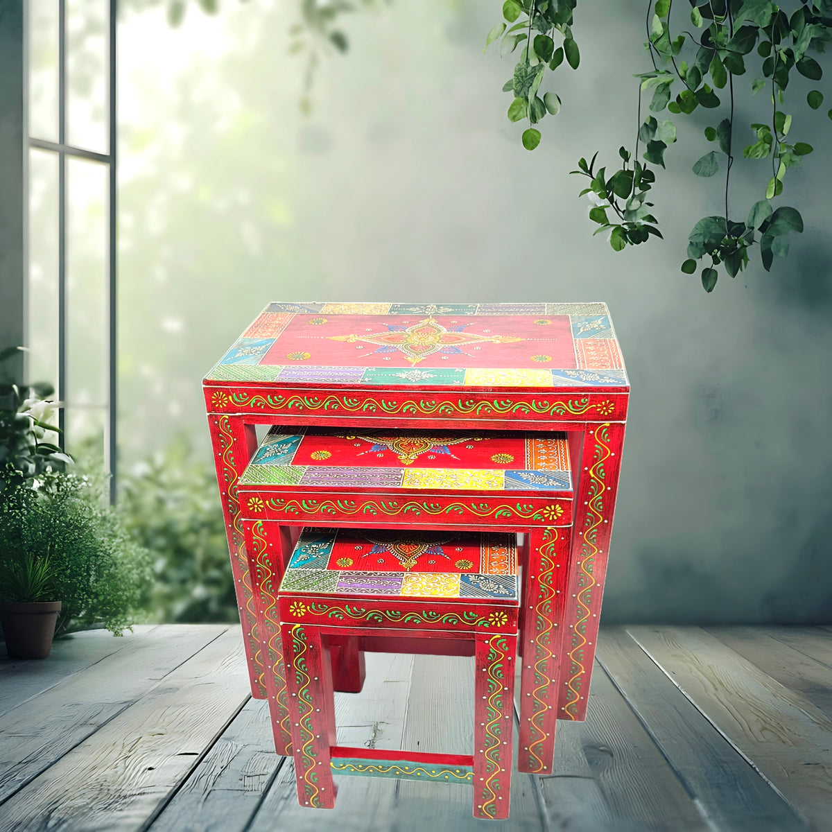 Solid Mango Wood Nesting Tables Set of 3 – Hand-Painted Ethnic Design ...