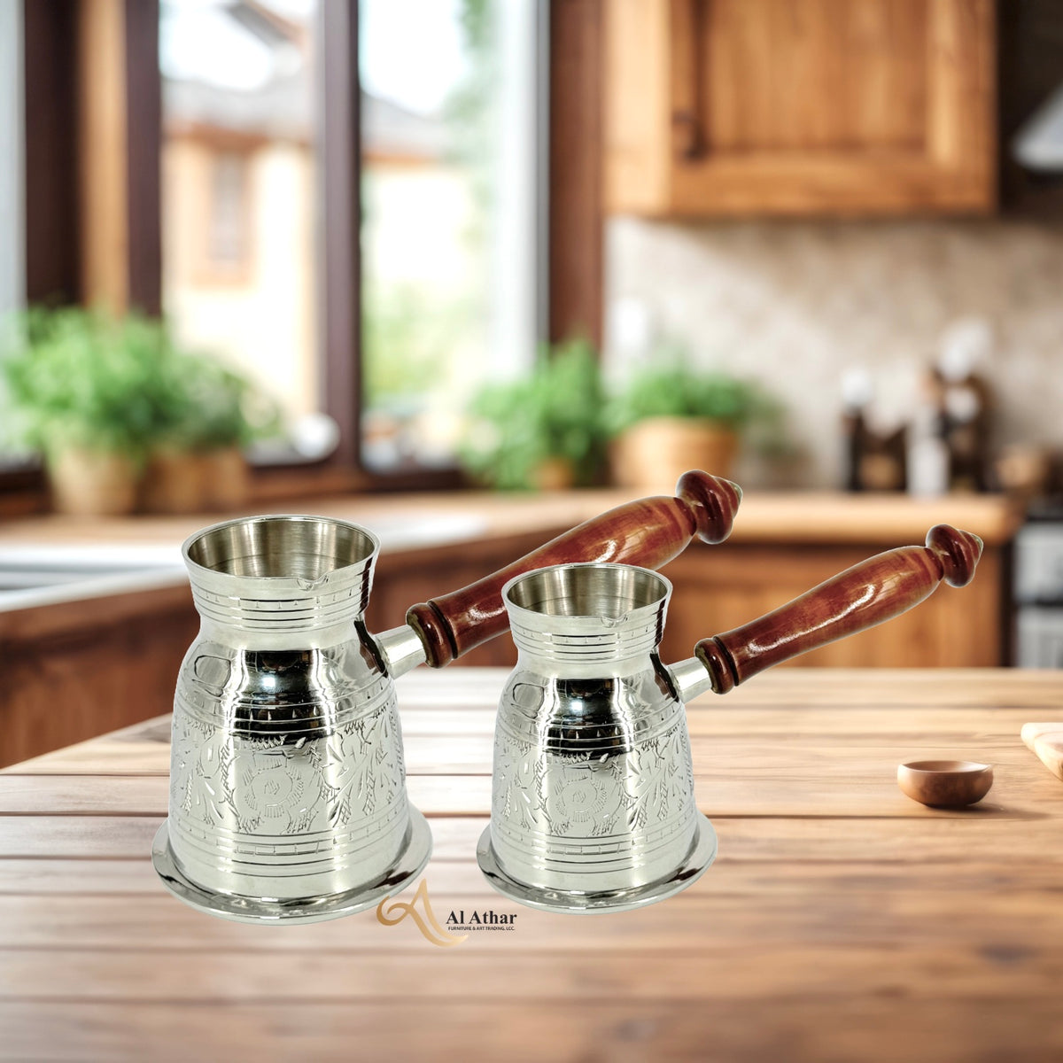 Handcrafted 3-piece brass Turkish coffee pot set with round lining and ...