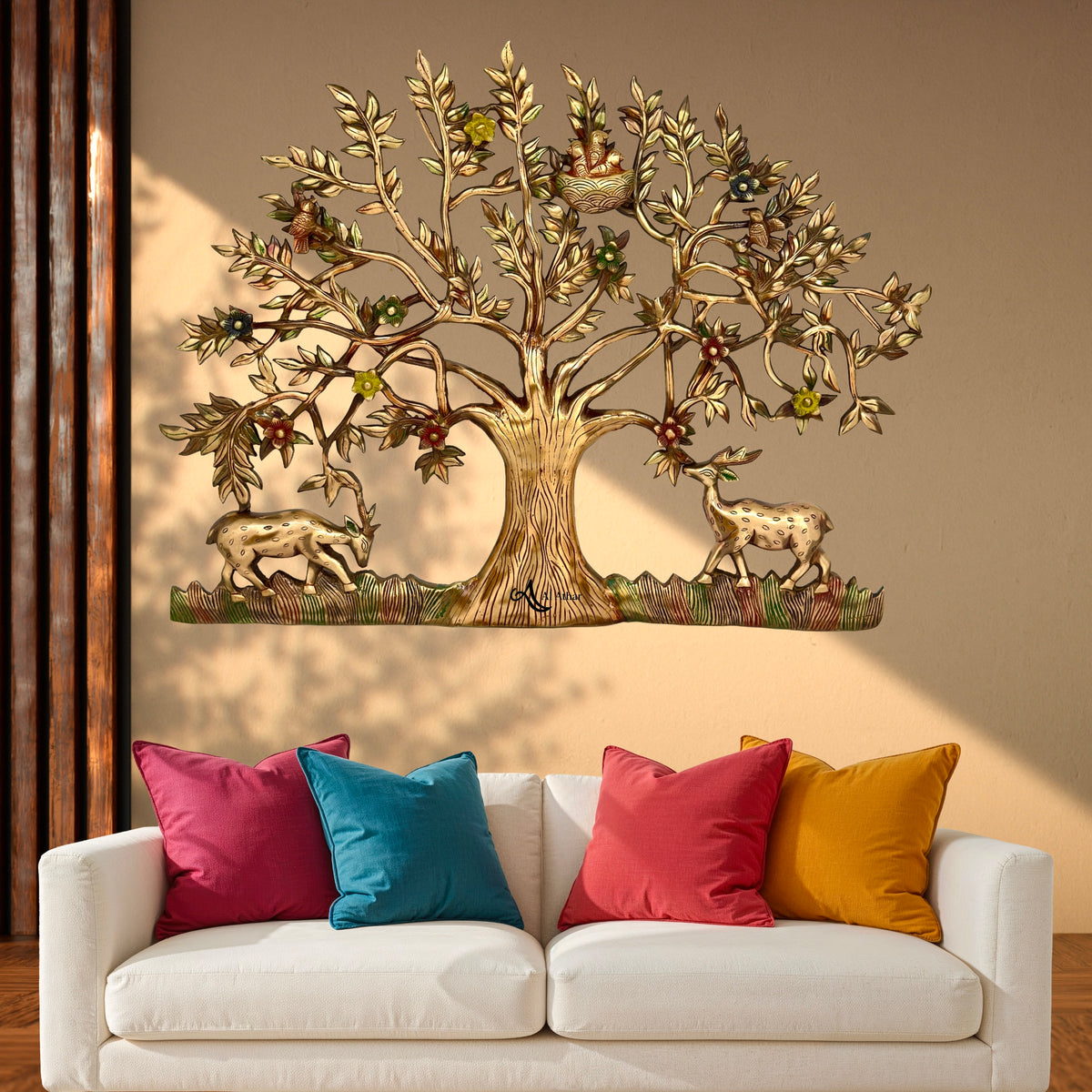 Handcrafted Brass Kalpavriksha Tree with Deer Wall Hanging in antique ...