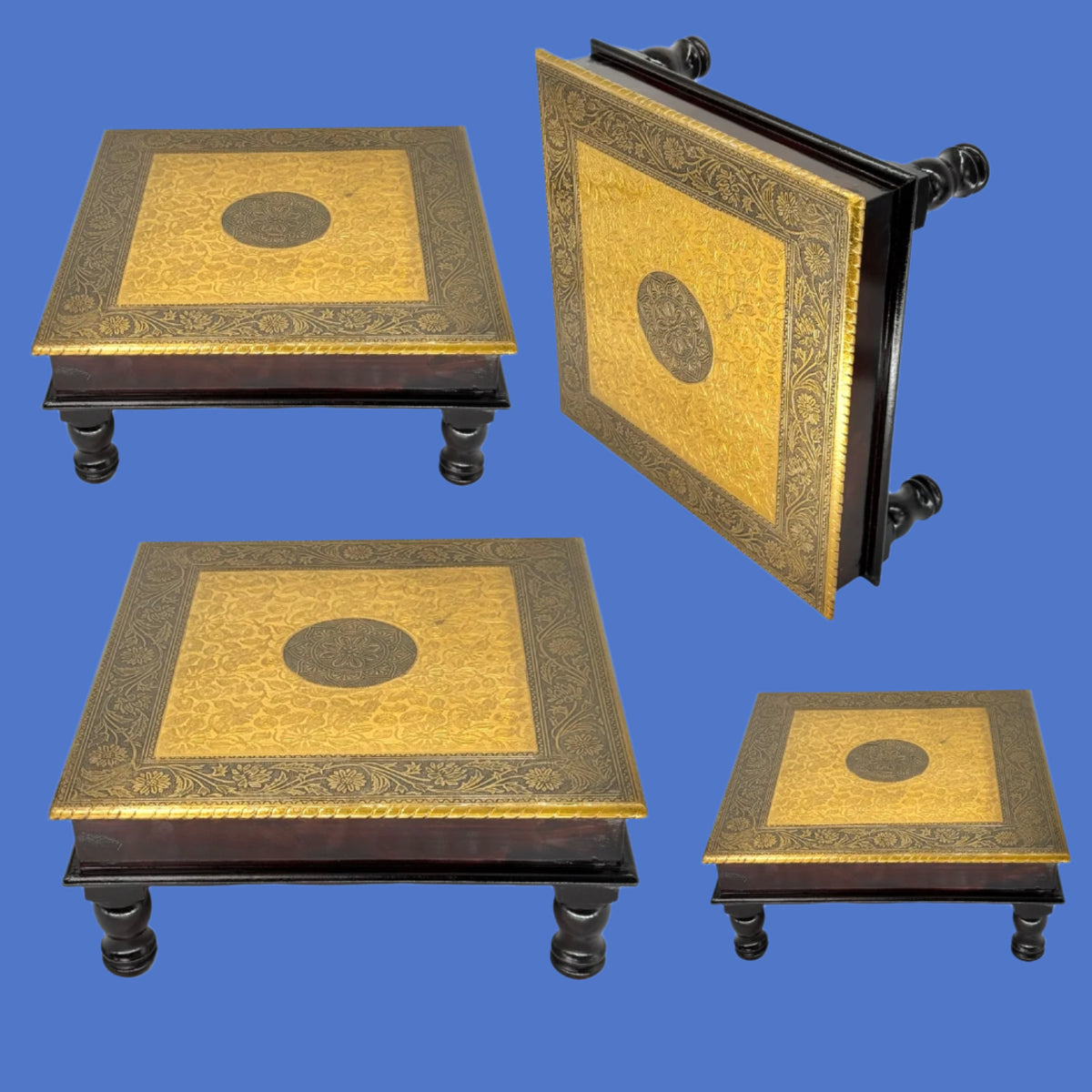 Wooden Pooja Chowki with Brass Fittings – 4 Sizes – Handmade Mango Wood ...