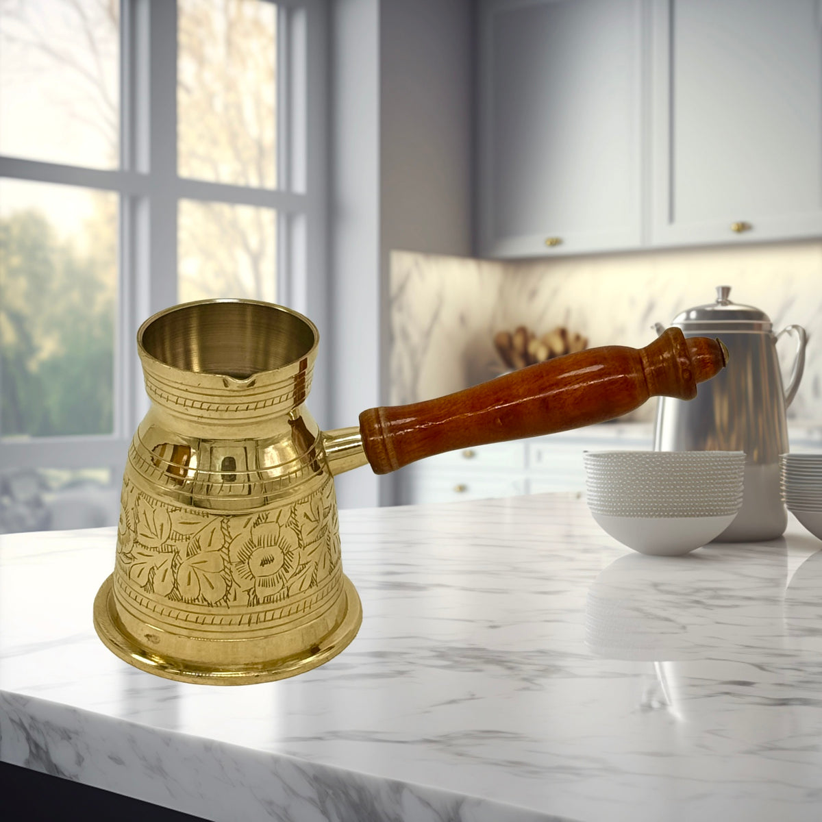 Brass Turkish Coffee & Tea Pot with Intricate Jali Work and Wooden ...